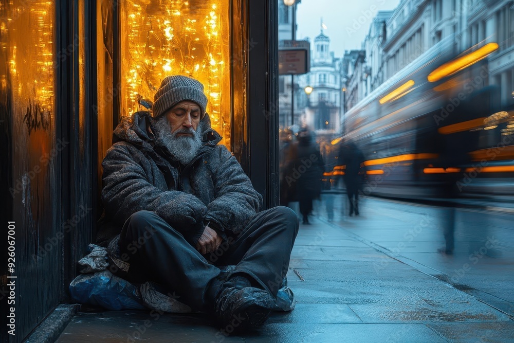 poignant street scene depicting urban poverty with a homeless person ...