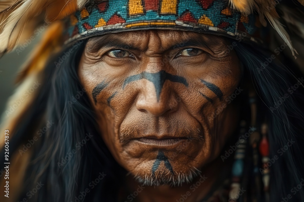 portrait of indigenous shaman weathered face with intricate tribal ...