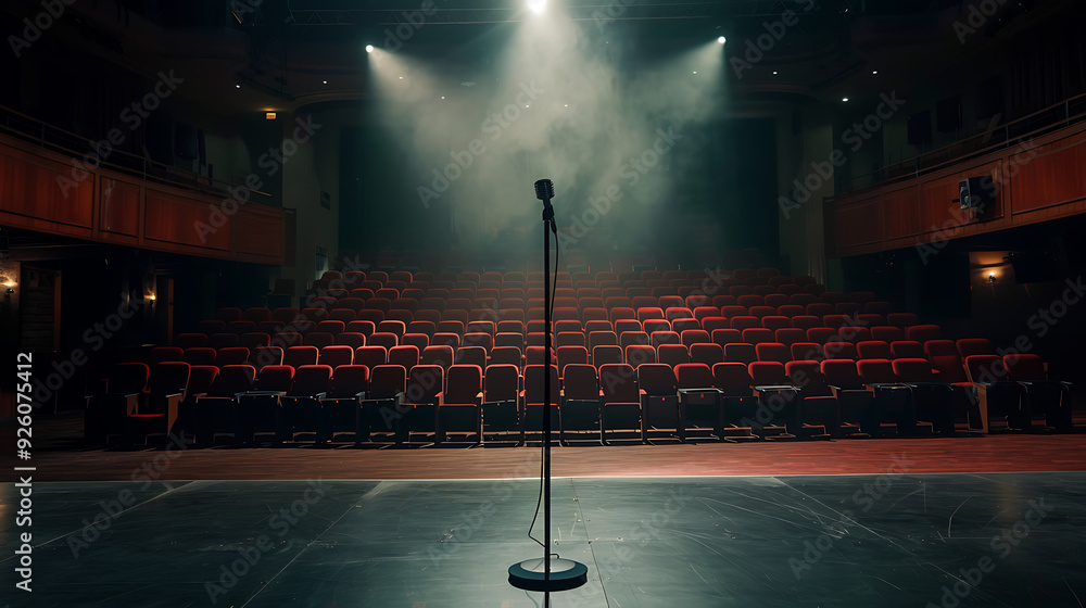 An empty stage with a single microphone stand at the center, spotlight ...