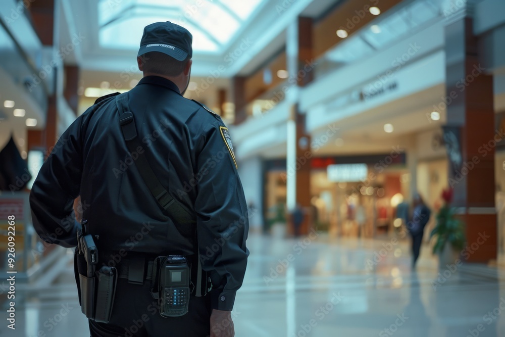 Security guard patrolling modern shopping mall. This image is a ...