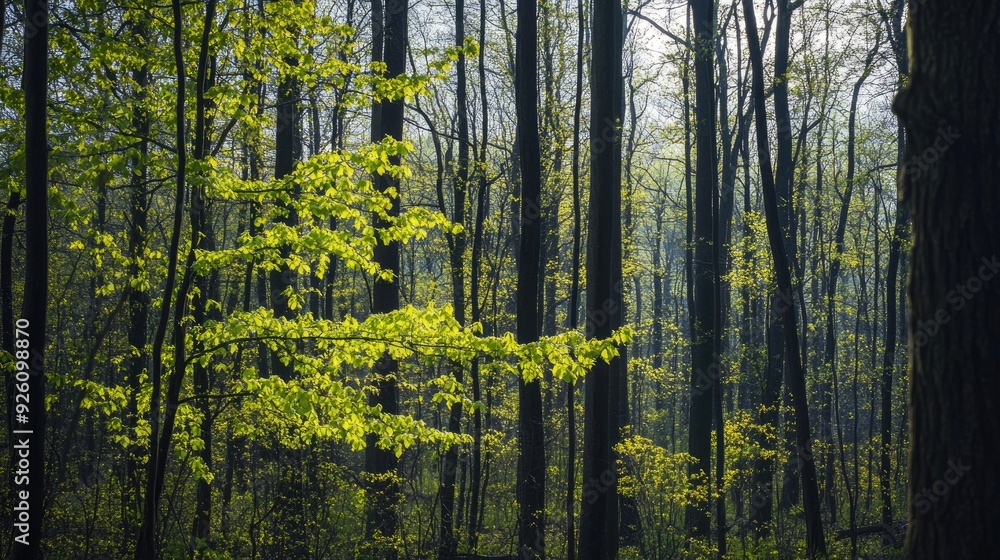 Forest in early spring, with fresh green leaves budding on the trees ...