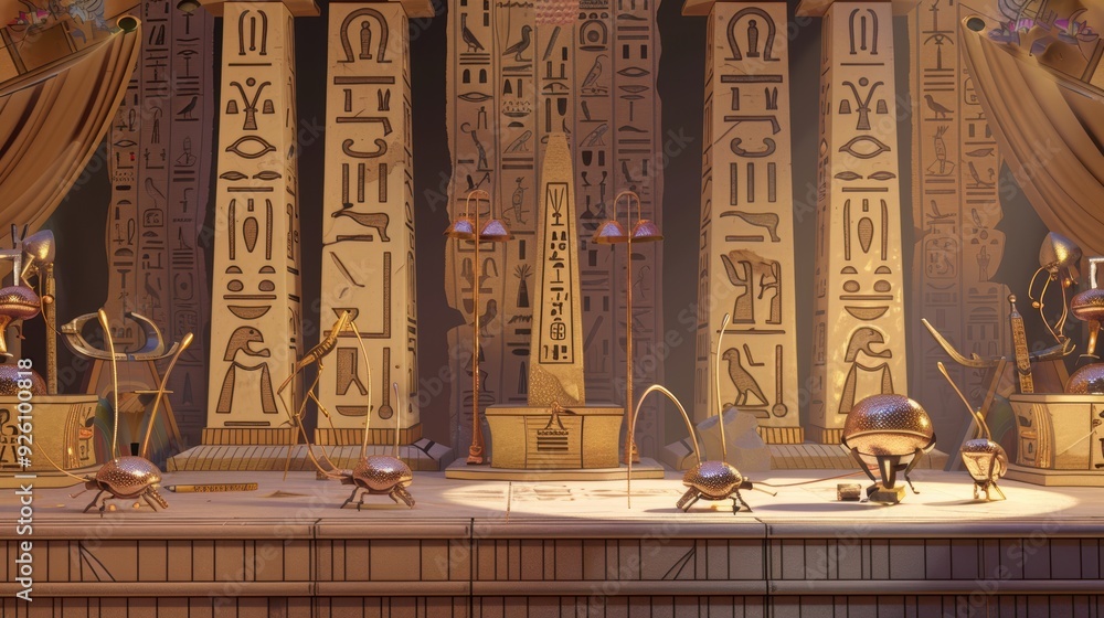 Ancient Egyptian Temple with Golden Obelisks and Scarab Beetles Stock ...