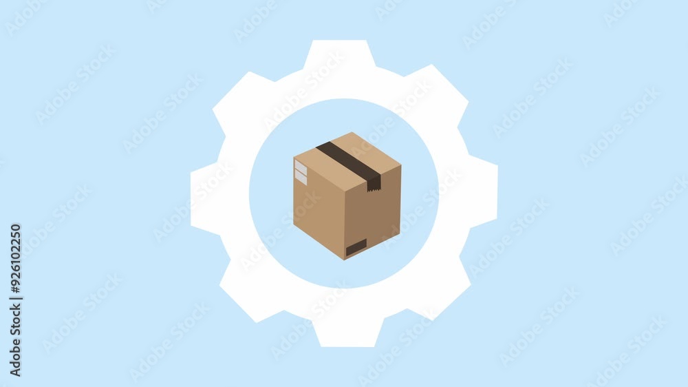 Animated package inside a spinning cogwheel. Blue background and green ...
