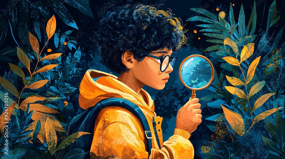 Curious Child Discovering Nature with a Magnifying Glass in a Whimsical ...