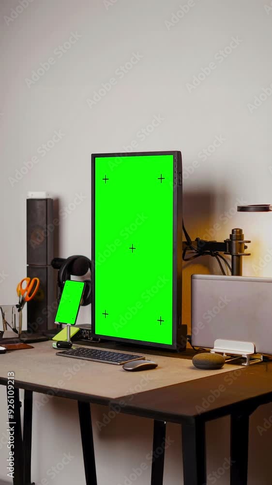 Smart Phone and Desktop Monitor Standing on a Desk with a Green Screen ...