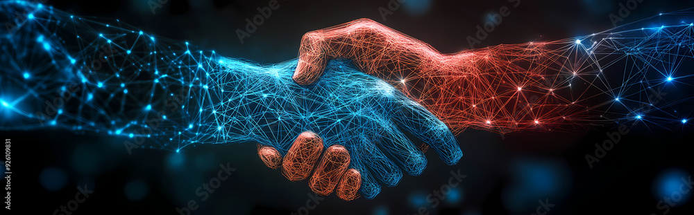 Handshake in a digital style with network connections, symbolizing ...