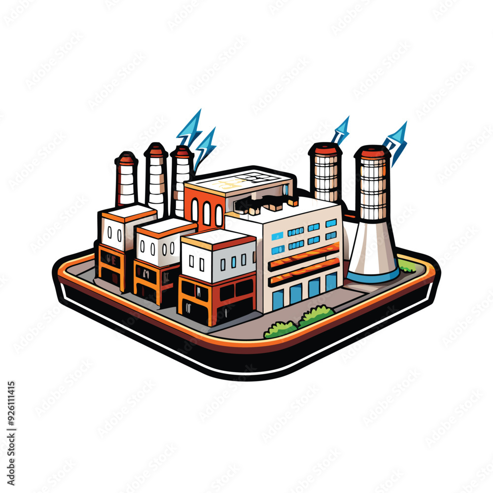 Generate a schematic vector diagram of a power plant, featuring multiple buildings with chimneys ...