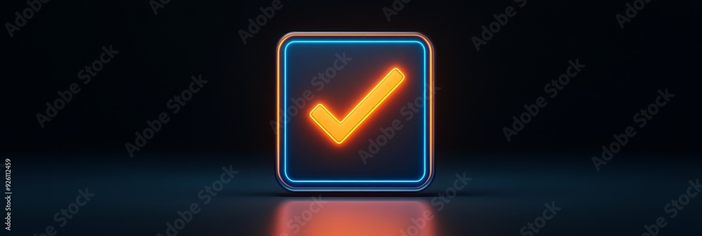 Neon Check Mark Icon on Black Background - A glowing orange check mark ...