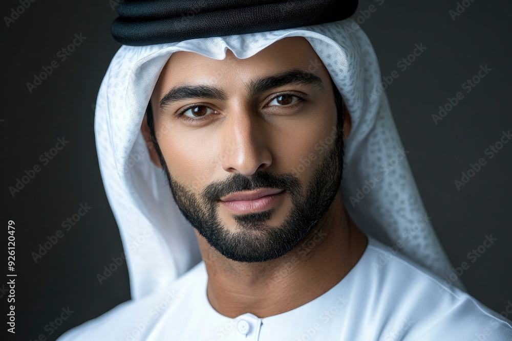 Handsome arab middle-eastern man with traditional kandora in studio ...