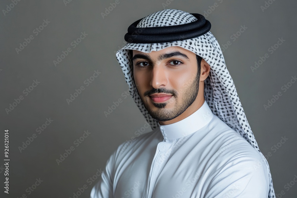 Handsome arab middle-eastern man with traditional kandora in studio ...