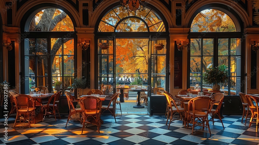 The front entrance to an elegant cafe, with arched windows and ...
