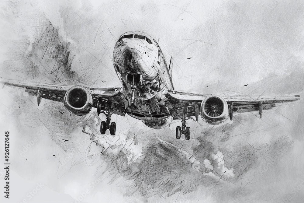 ai generative pencil drawing of commercial aircraft Stock Illustration ...
