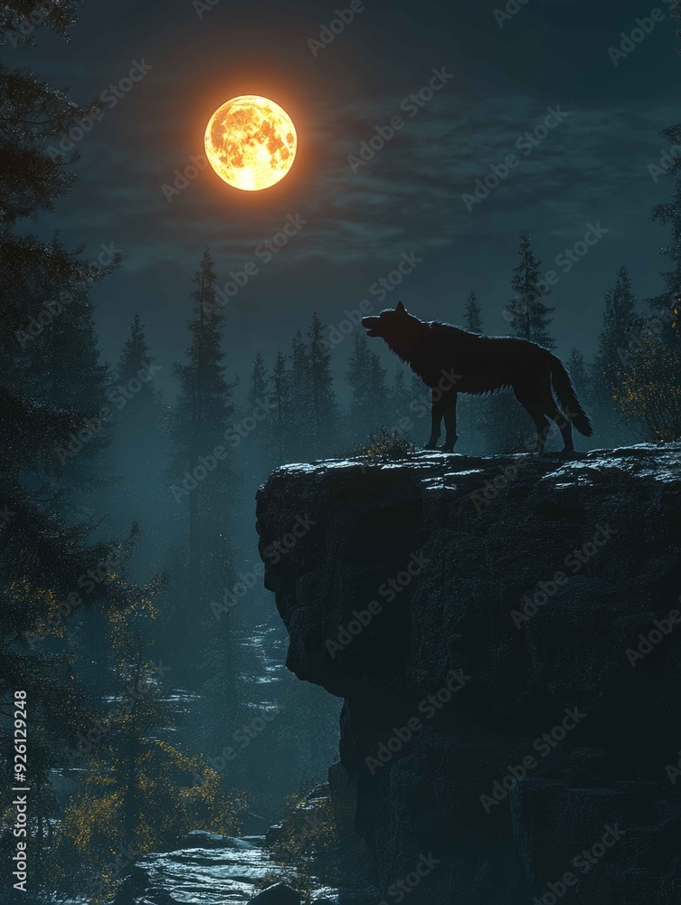 Majestic 3D Werewolf Howling at Moon on Rocky Cliff with Glowing Eyes ...