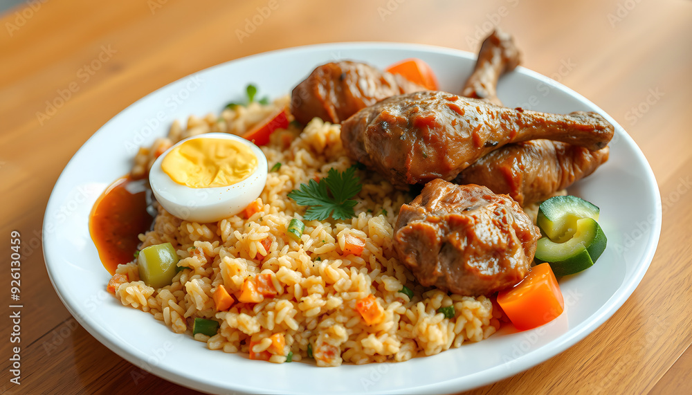 West African entree of Jollof rice, chicken, boiled egg, vegetables ...