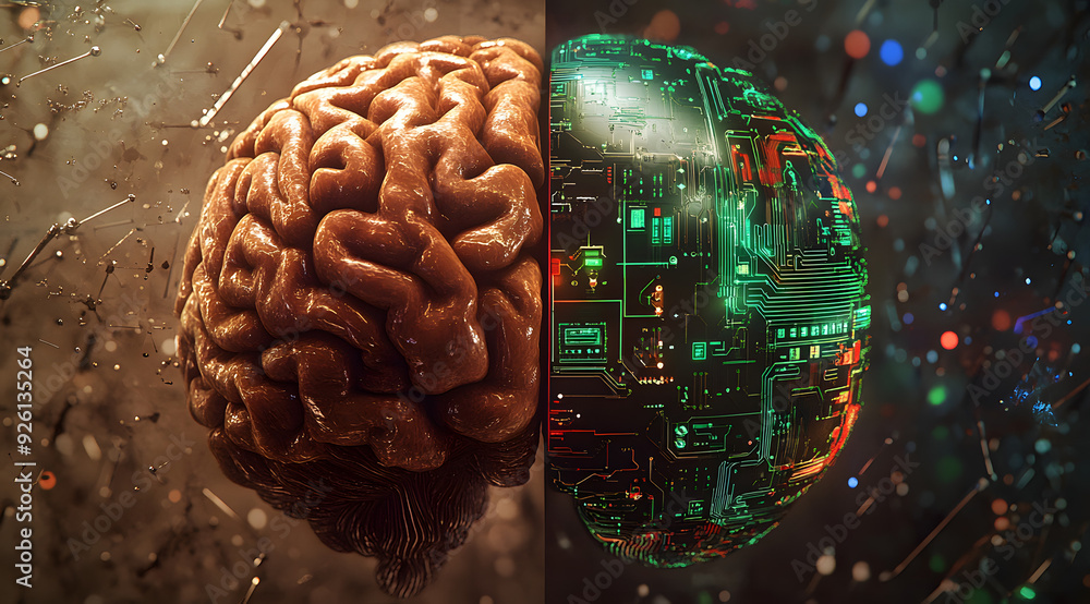 "Split-Screen Image Featuring Two Brains: One with Traditional Design ...