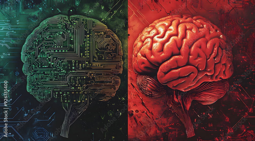 "Split-Screen Image Featuring Two Brains: One with Traditional Design ...