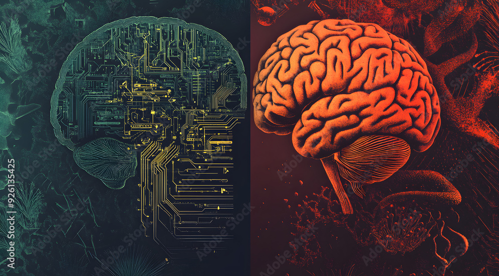 "Split-Screen Image Featuring Two Brains: One with Traditional Design ...