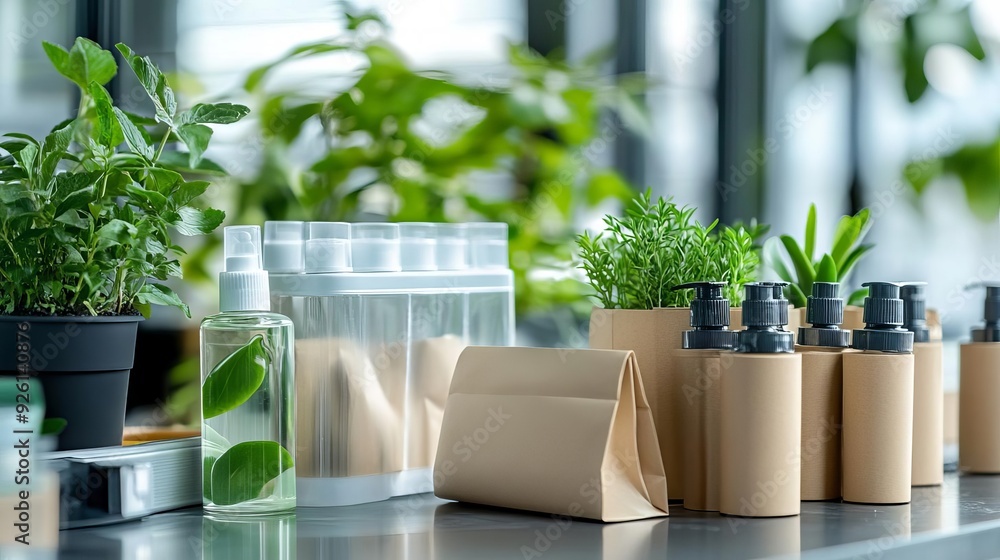 Biodegradable product packaging in a high-tech environment, symbolizing ...