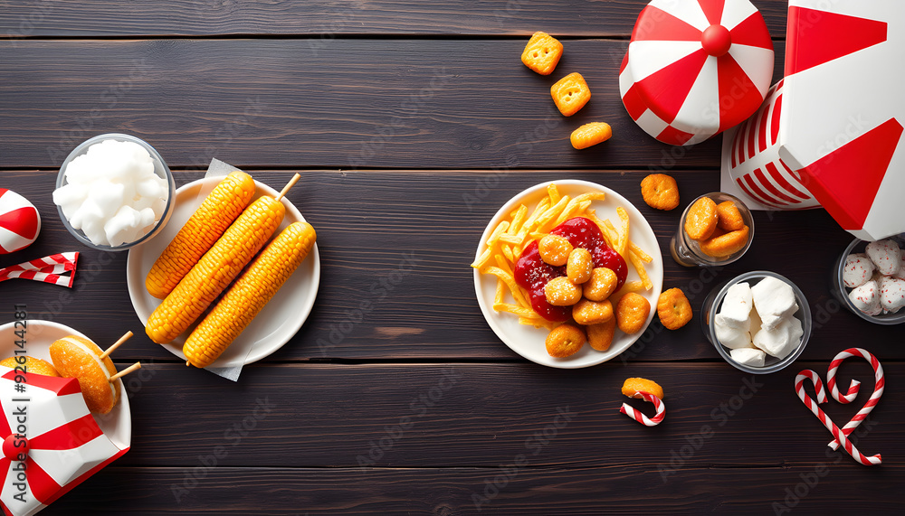 Carnival theme food table scene over a dark wood banner background. Top ...