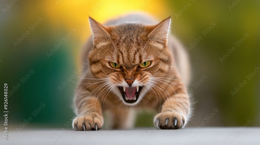 An angry cat hissing with claws extended, illustrating defensive ...