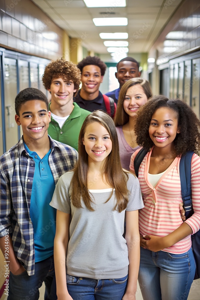 Multiracial group of confident teenagers in high school hallway looking ...