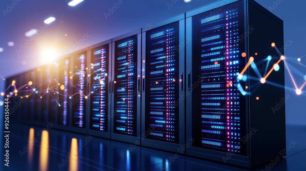 High-tech data center with illuminated servers and digital overlay ...
