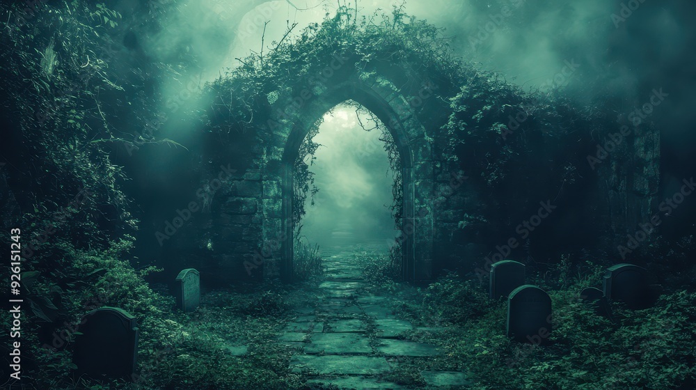 Overgrown graveyard tunnel with cracked tombstones and spectral mist ...