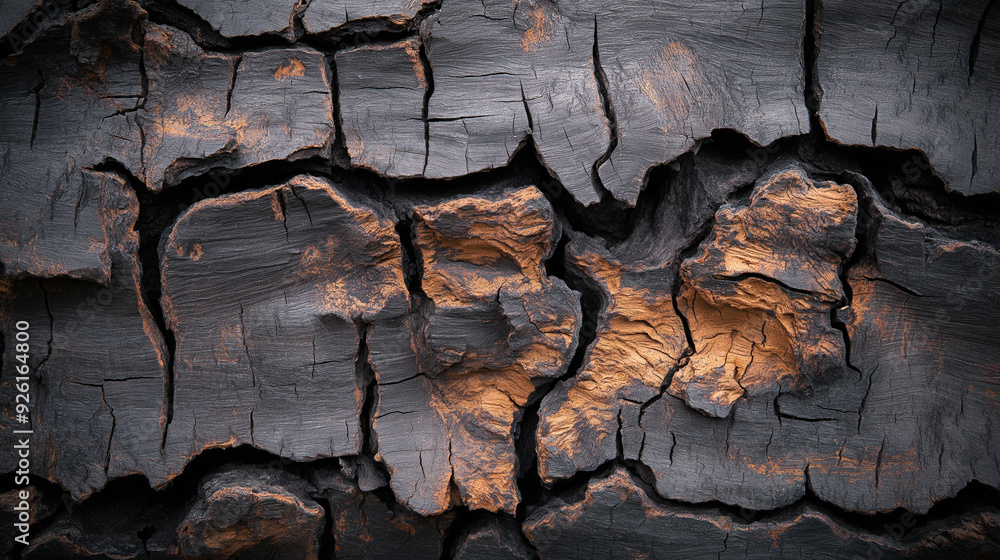 Detailed close-up of charred wood texture with cracks and dark ...