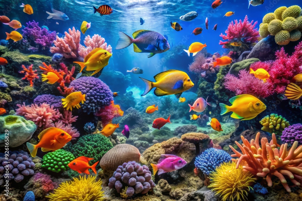 Vibrant marine life swims inside a massive aquarium, a popular tourist ...