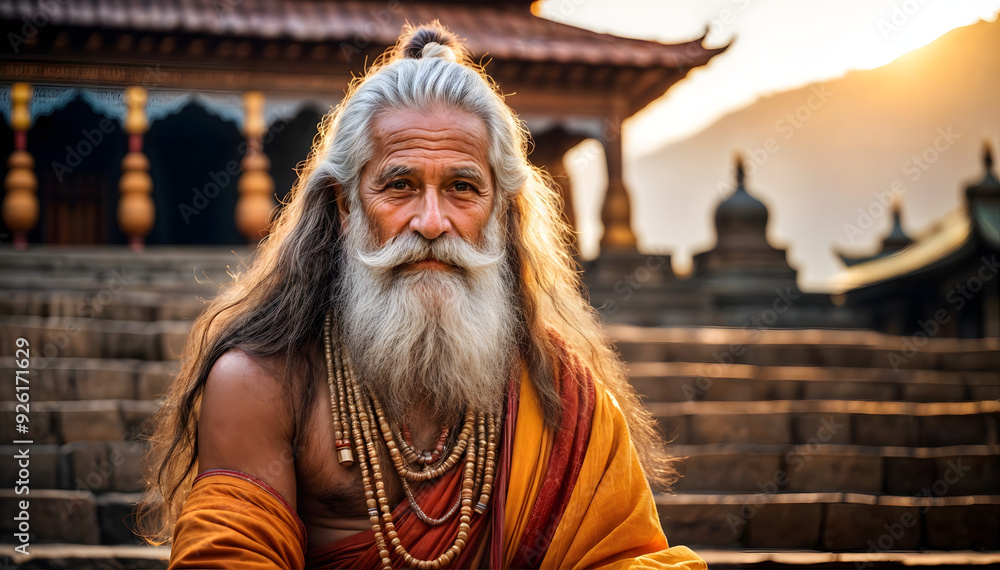 Elderly Indian guru with long white beard in traditional attire at ...