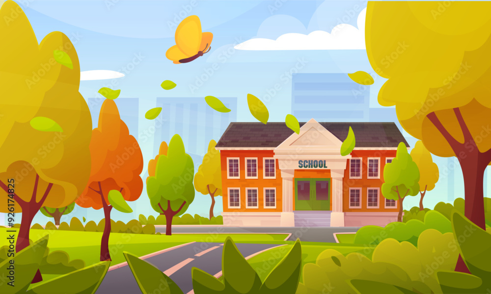 School building. Education cartoon background. Town landscape ...