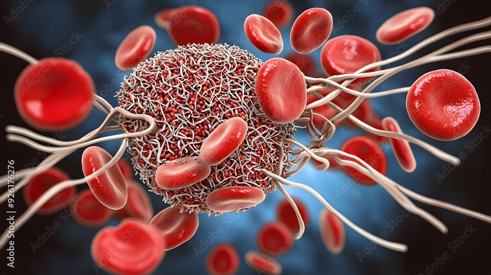 Blood Clot Formation A close-up image of a blood clot forming, showing ...