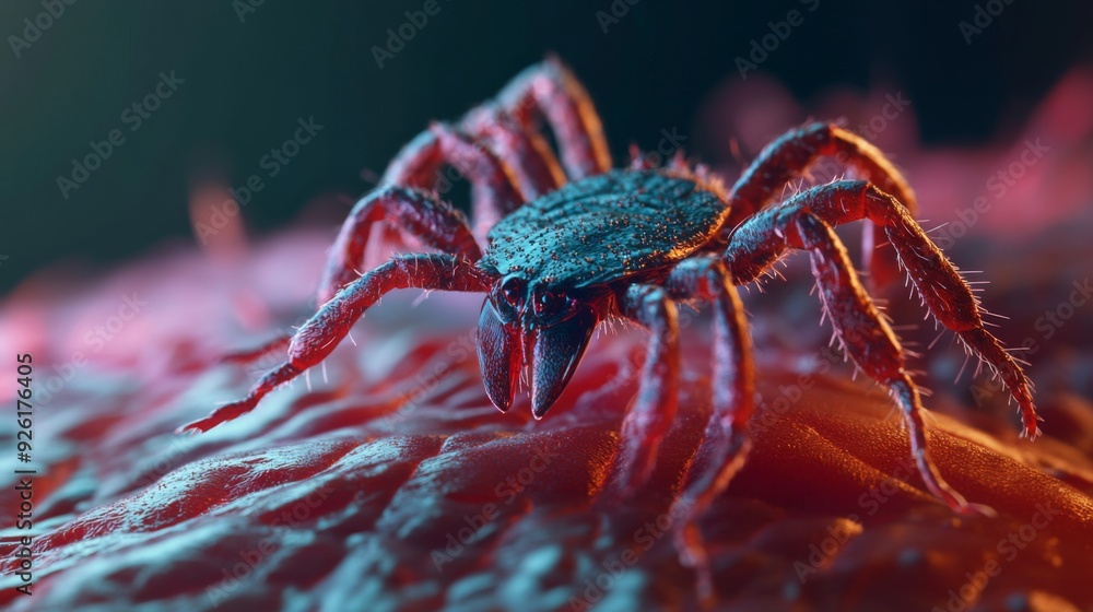 Close-up image of an arachnid on a textured red surface, highlighting ...