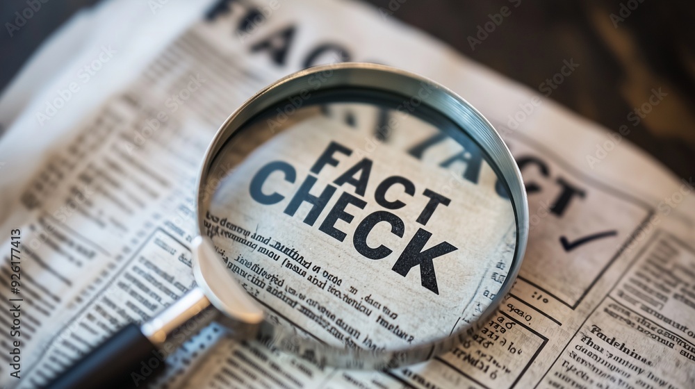 Magnifying glass over newspaper with 'fact check' headline, symbolizing ...