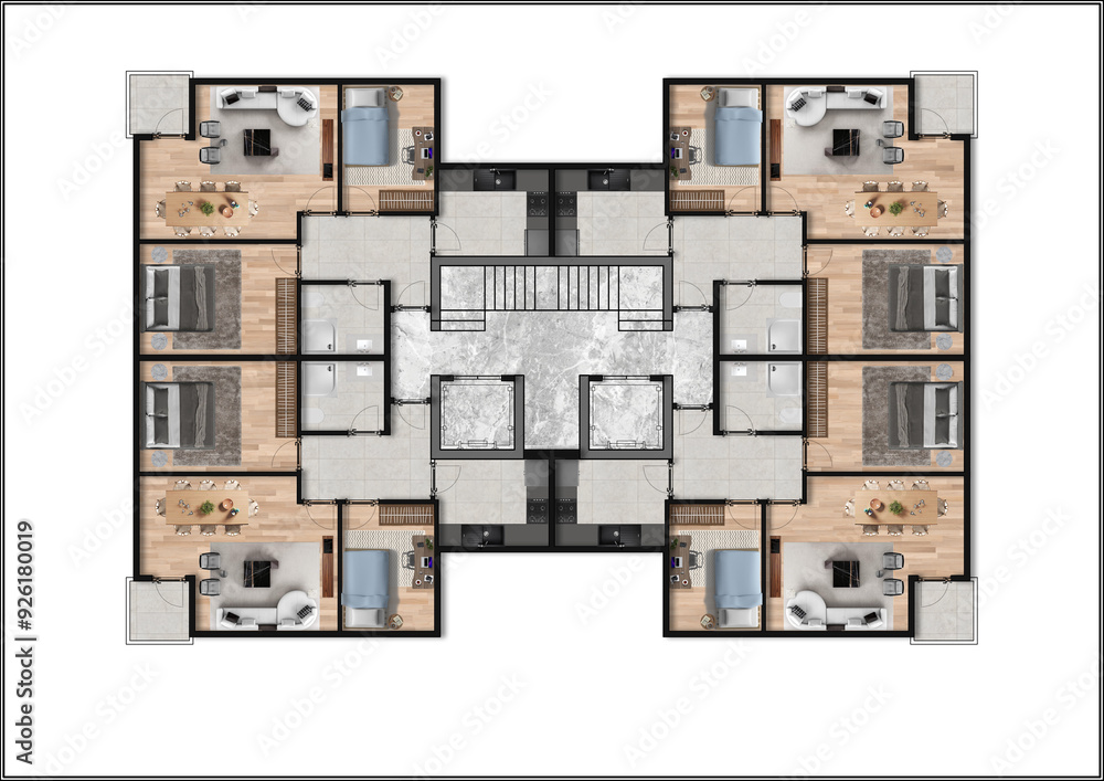 Floor plan of a modern apartment with 4 flats. Top view. Architectural ...