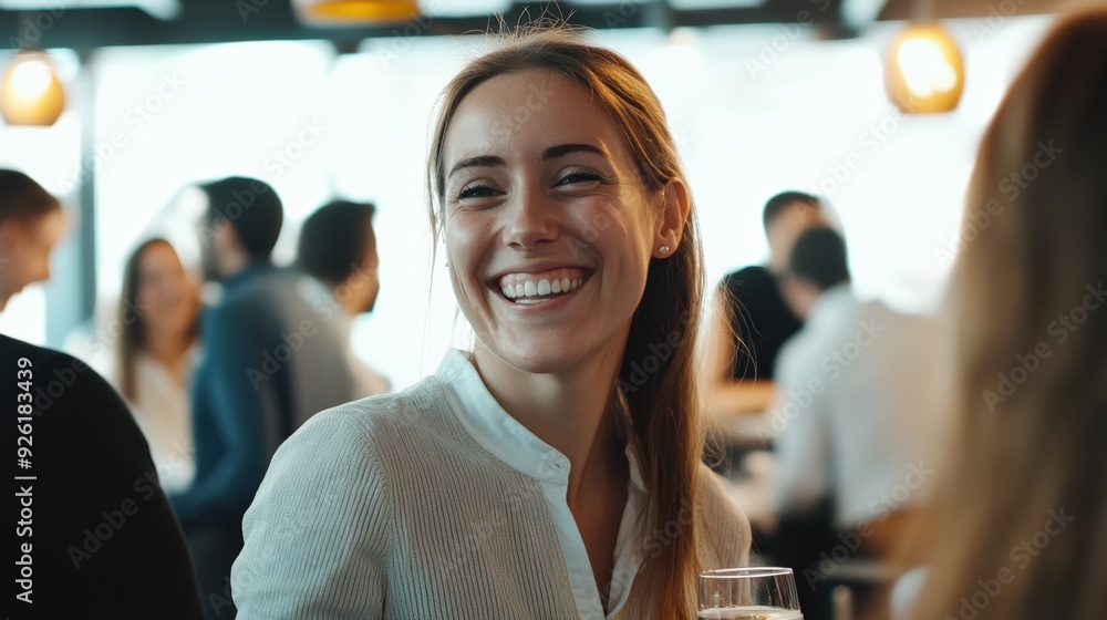 Happy female employee laughs and smiles at an open office team event ...