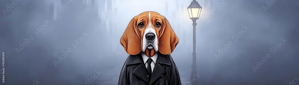 Basset Hound in a detective's trench coat, standing under a streetlight ...