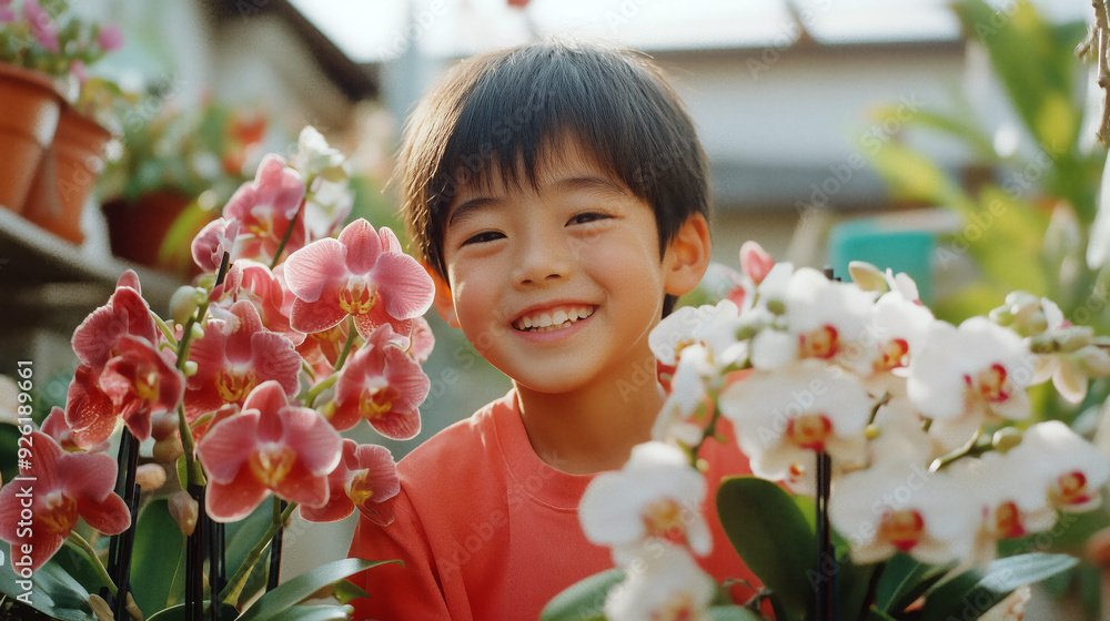 child and orchid, kid with orchid plant, orchid child, youth tending to ...