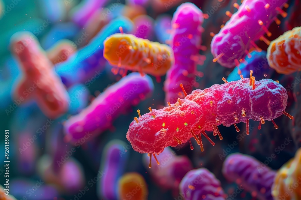 Microscopic view of bacteria with vivid colors, depicting a close-up of ...