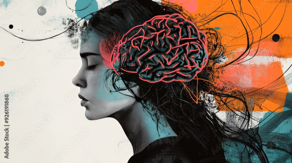 Modern illustration of a woman with a tangled brain, using collage ...