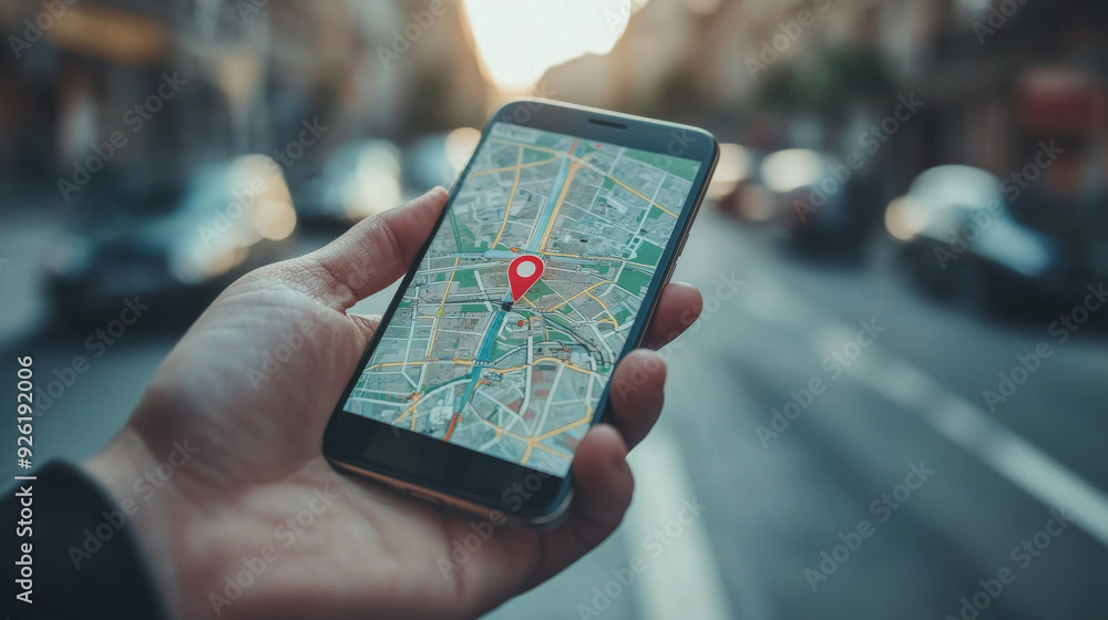 Close-up of a male hand holding a smartphone displaying an online map ...