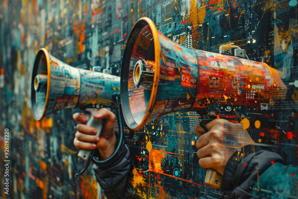 In a contemporary art collage, a human hand is depicted holding ...