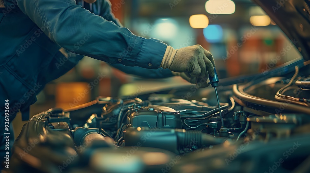 10. "A car repairman checking fluid levels under the hood of a car ...