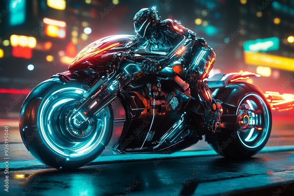 Cyberpunk Rider with Bionic Arms Revving Futuristic Motorcycle at ...