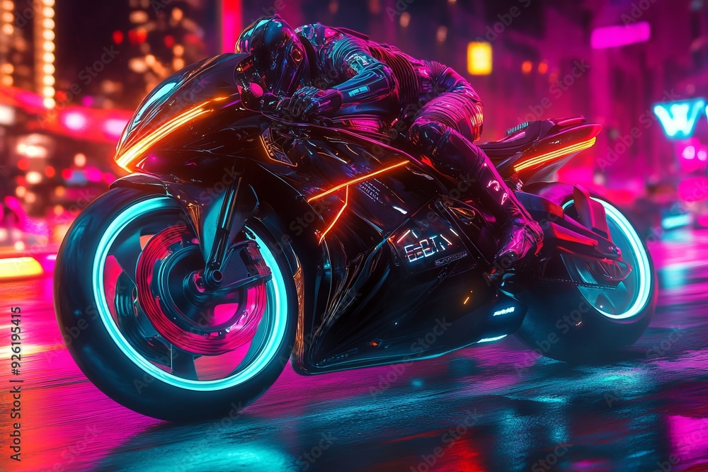 Cyberpunk Rider with Bionic Arms Revving Futuristic Motorcycle at ...
