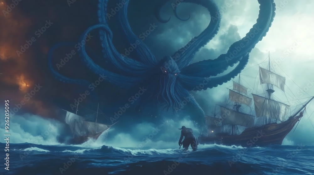 Sea Monster Attacks Pirate Ship - A terrifying sea monster, with glowing red eyes, rises from ...