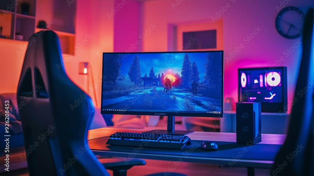 Strong PC gaming setup featuring a first-person shooter on screen. At ...