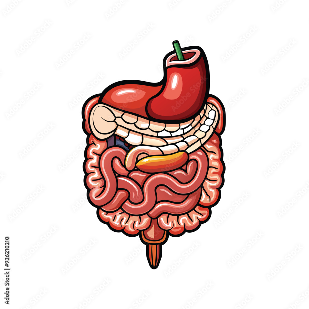 Illustration of human digestive system, including stomach, small ...