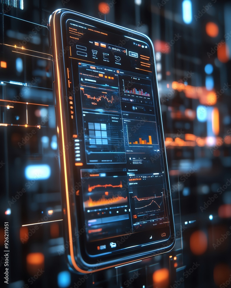 A futuristic 3D illustration of a smartphone screen displaying an ...