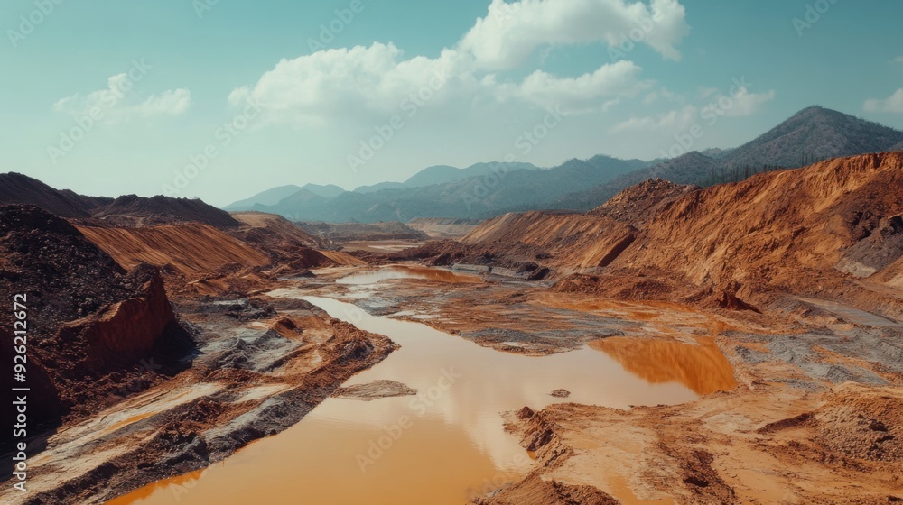 Environmental degradation from gold mining depicted with barren ...